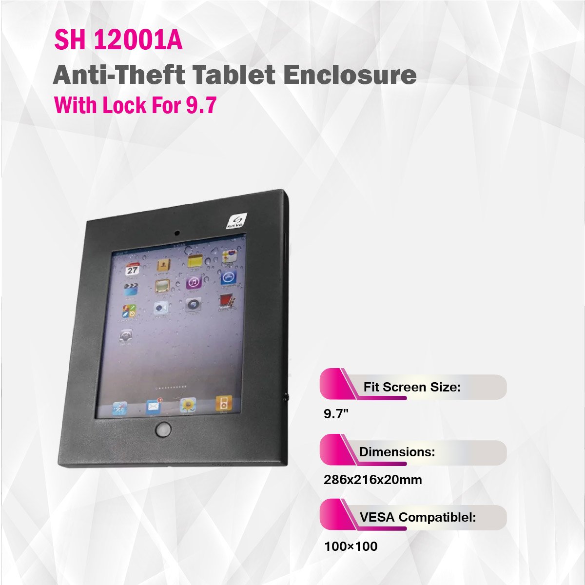 Anti-Theft Tablet Mount Enclosure With Lock For 9.7